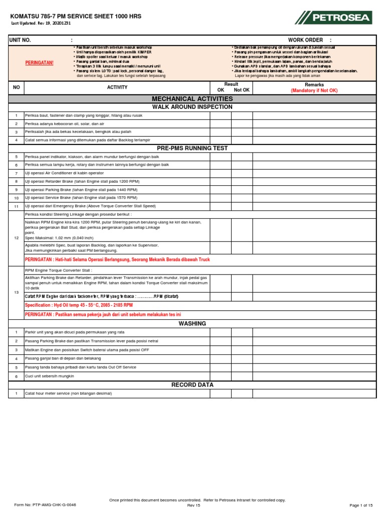 Panduan Layanan PM HD 785-7 1000 Jam | PDF