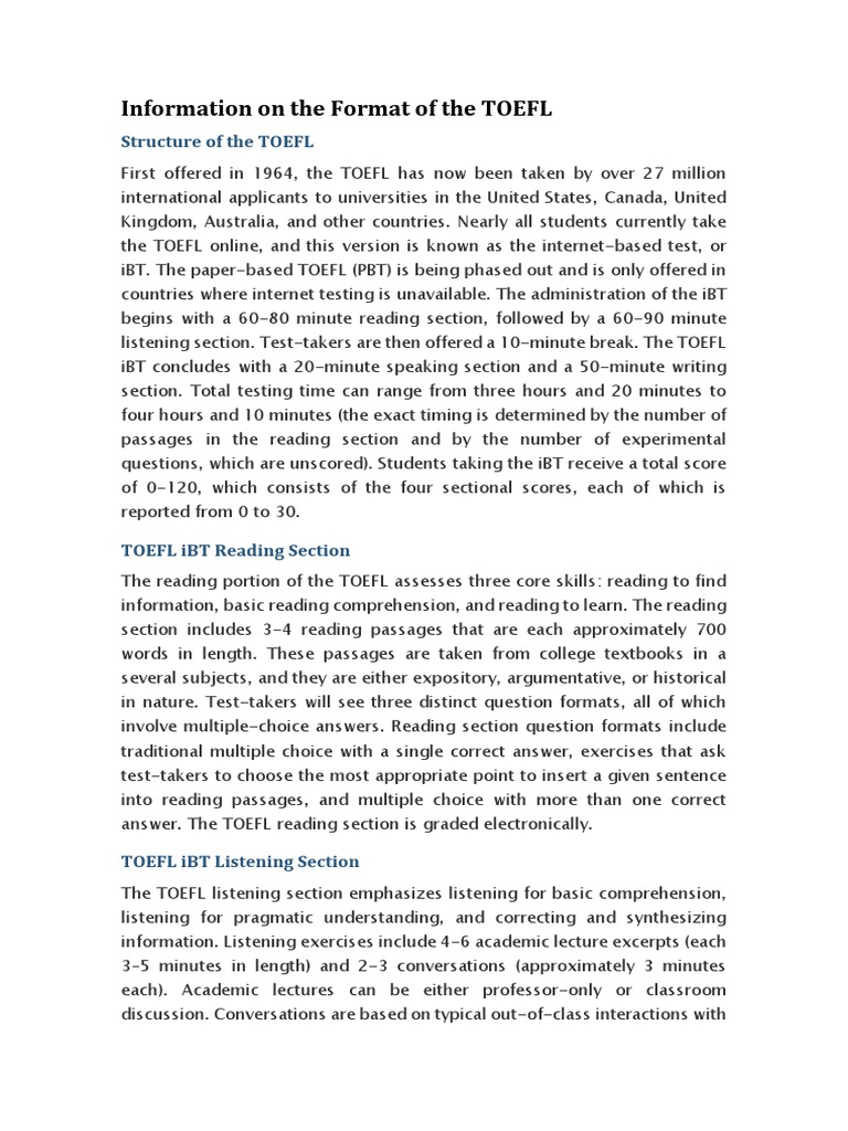 Information On The Format of The TOEFL | PDF | Test Of English As A ...