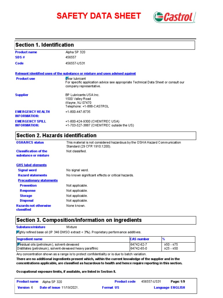 MSDS Castrol Alpha SP 320 | PDF | Personal Protective Equipment | Waste ...