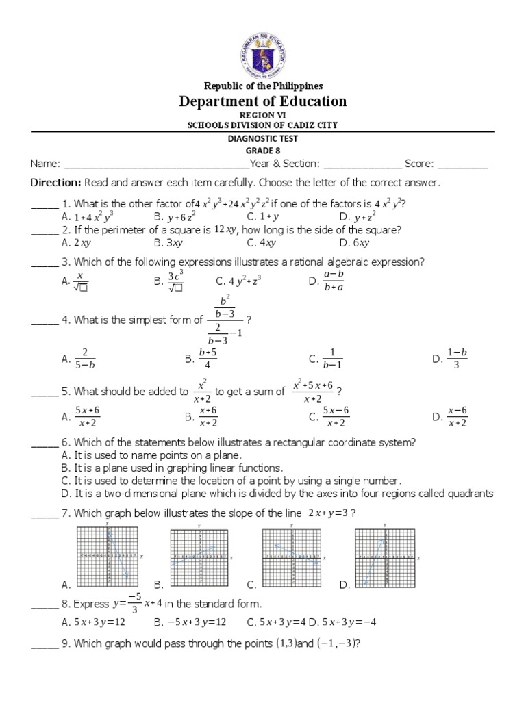 Diagnostic Test-Grade 8 | PDF | Mathematics | Geometry