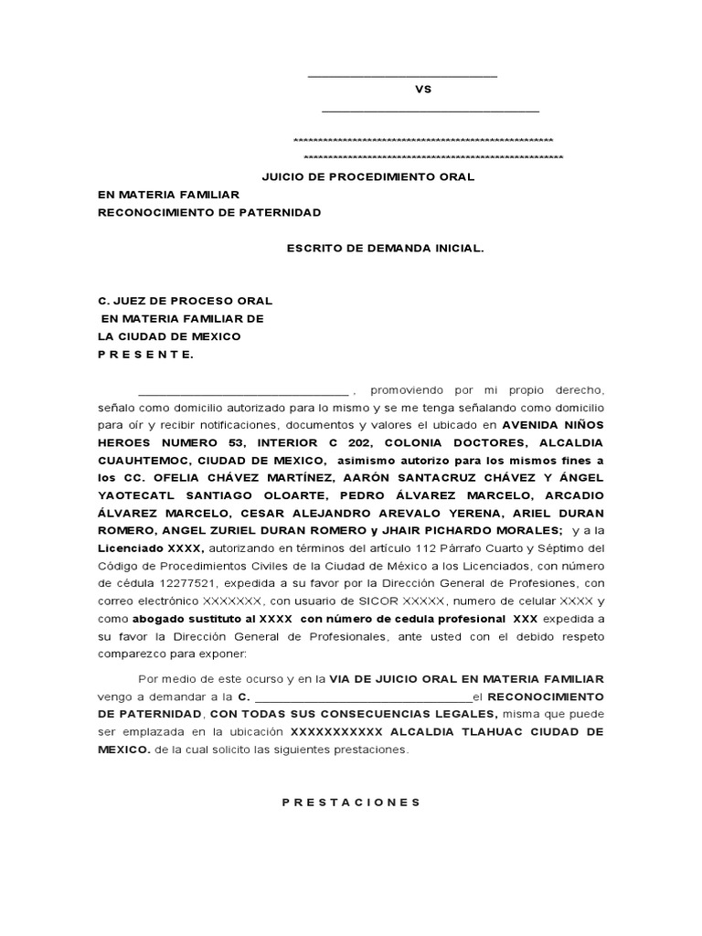 Modelo Escrito Reconocimiento de Paternidad | PDF | Perfiles de ADN | Demanda judicial