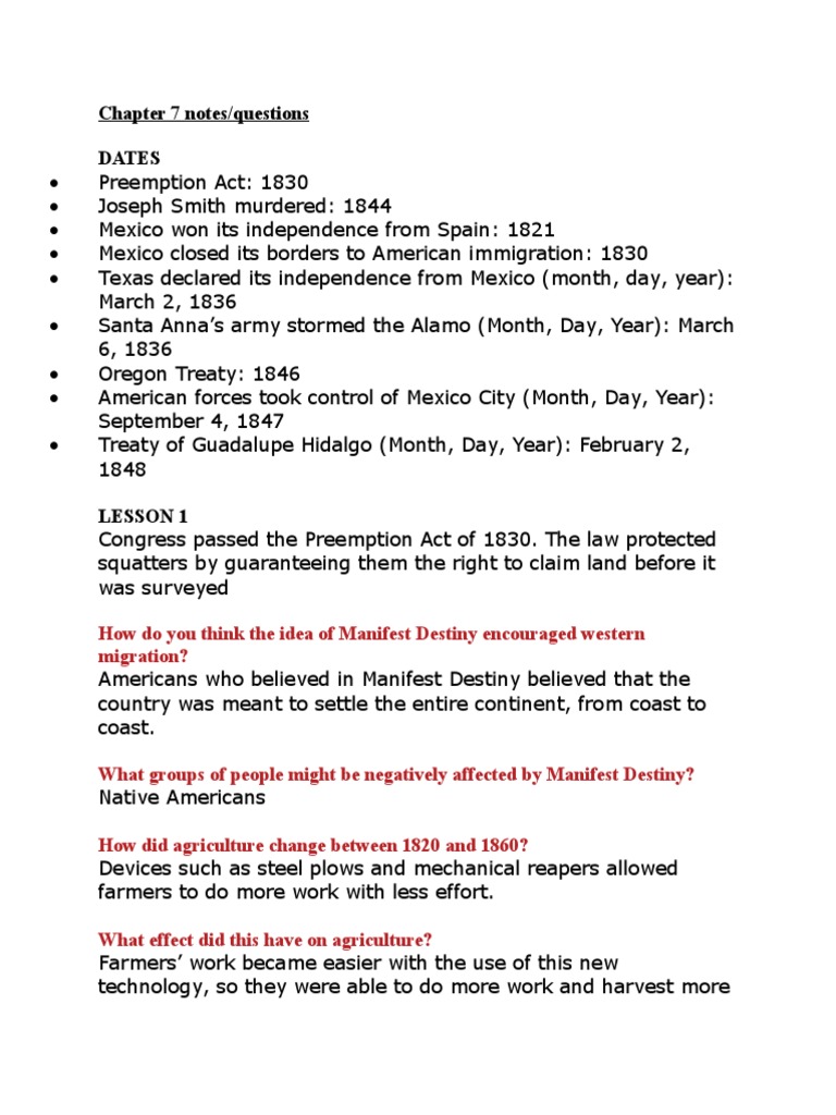 Chapter 7 Notes and Questions | PDF | Texas | Mexican–American War