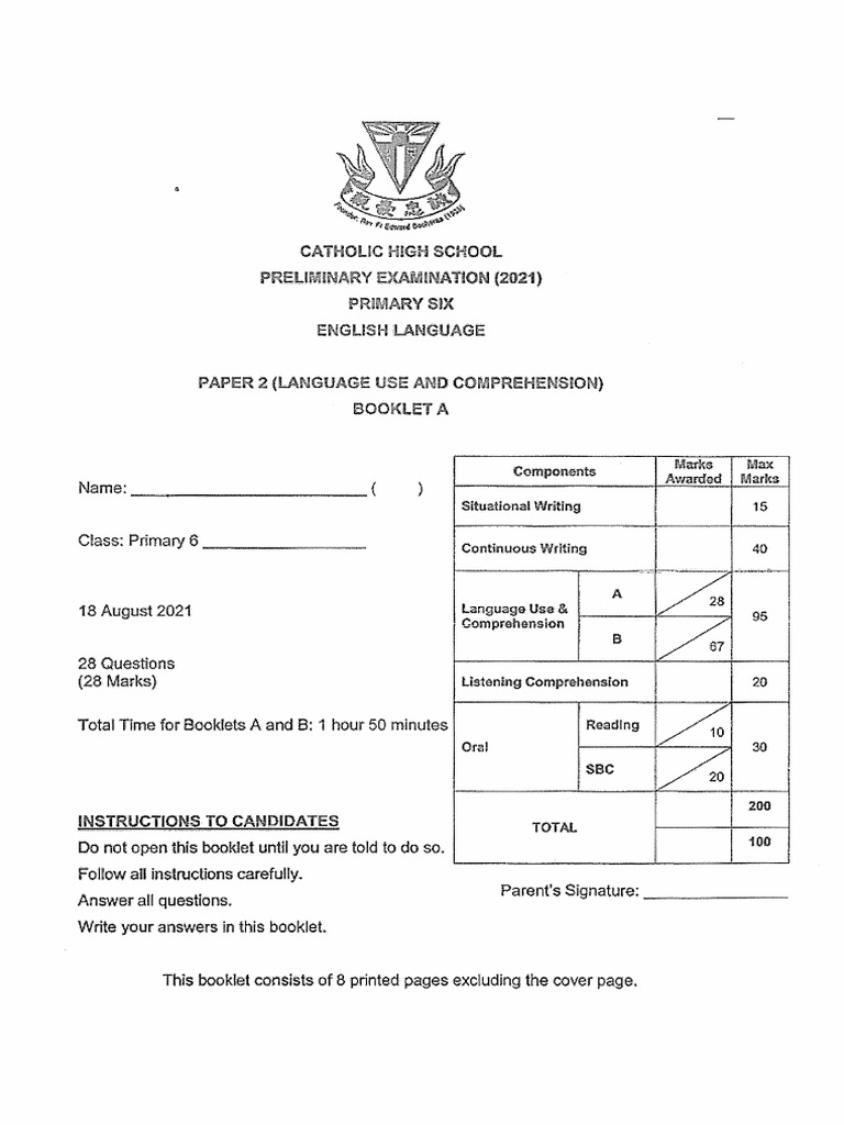 P6 English Prelim 2021 CatholicHigh Exam Papers | PDF