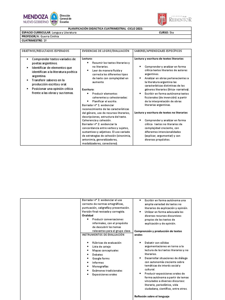 Planificacion 5to LENGUA | PDF | Evaluación | Aprendizaje