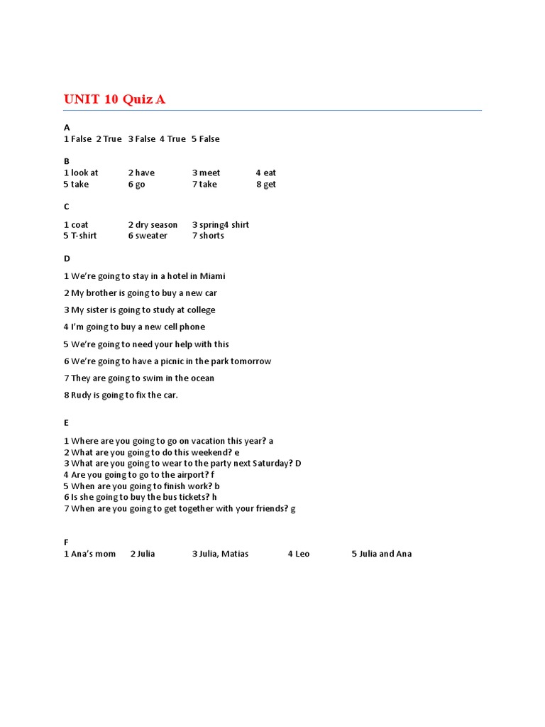 Unit 10 Quiz A Answers | PDF | Games & Activities