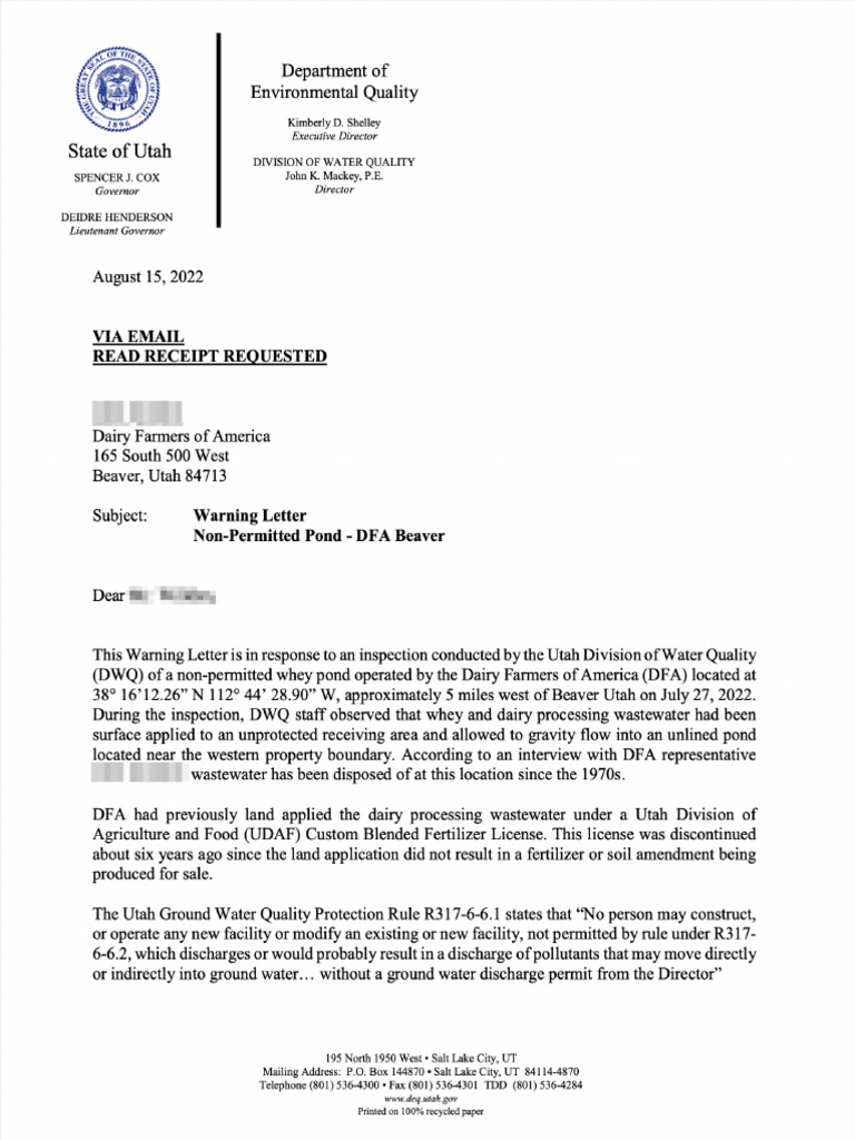 Utah Department of Environmental Quality Warning Letter | PDF