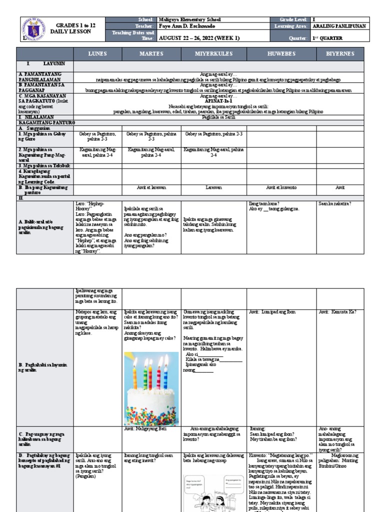 DLL - Araling Panlipunan 1 - Q1 - W1 | PDF