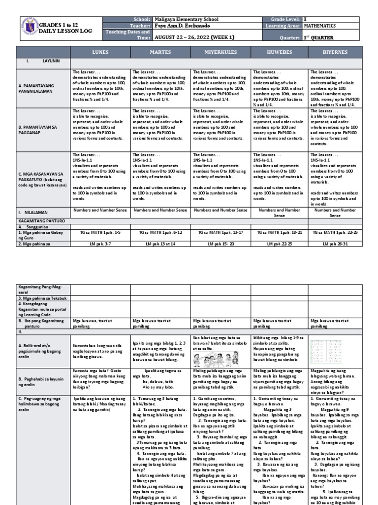 DLL - Mathematics 1 - Q1 - W1 | PDF | Cognition | Cognitive Science