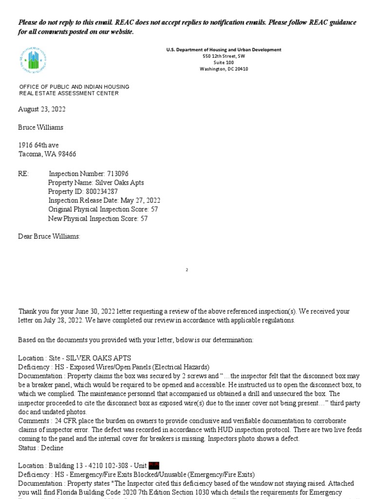 Silver Oaks REAC Response To Appeal Inspection | PDF