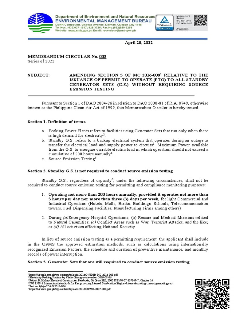 Genset Permit to Operate Guidelines | PDF | Fuel Oil