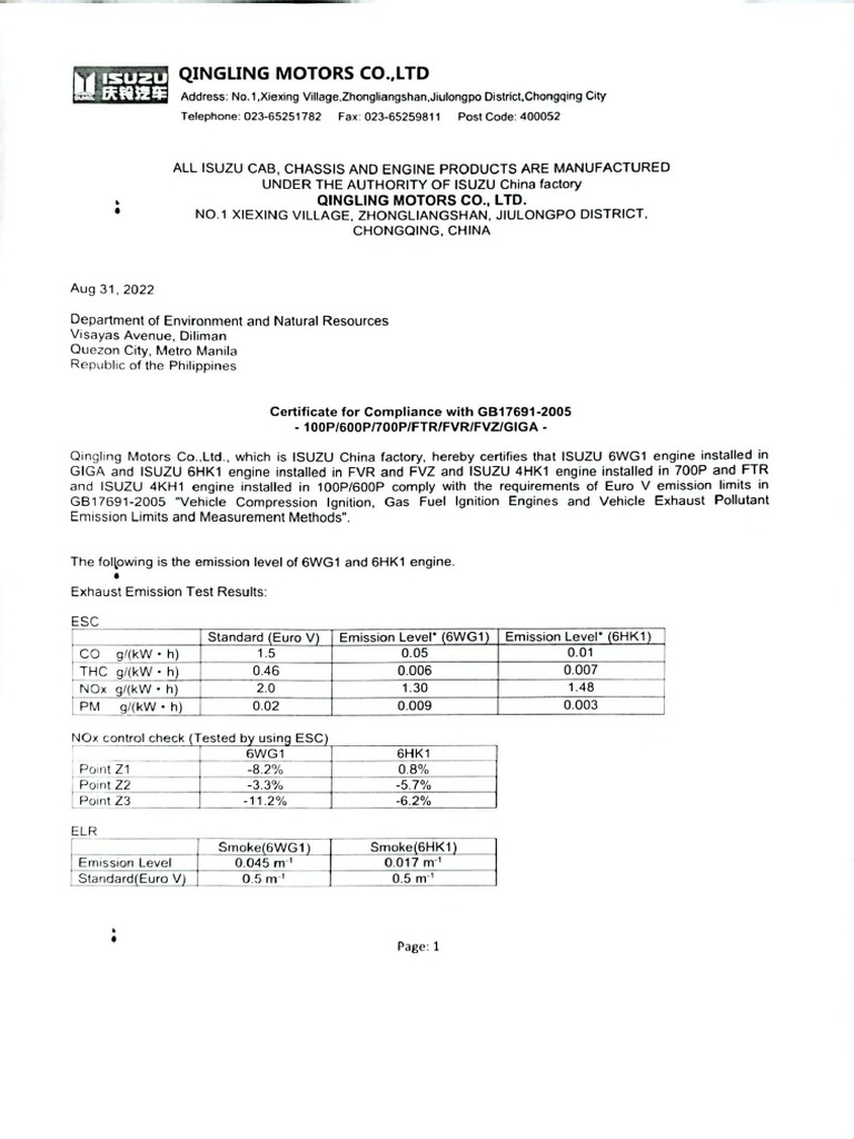 Emission Compliance Certificate | PDF
