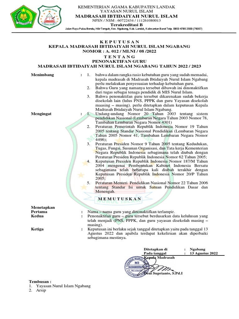 SK Penonaktifan Guru | PDF