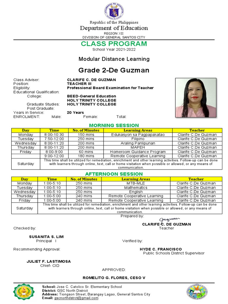 Grade 2 CLASS PROGRAM 2021 2022 | PDF | Distance Education | Teachers