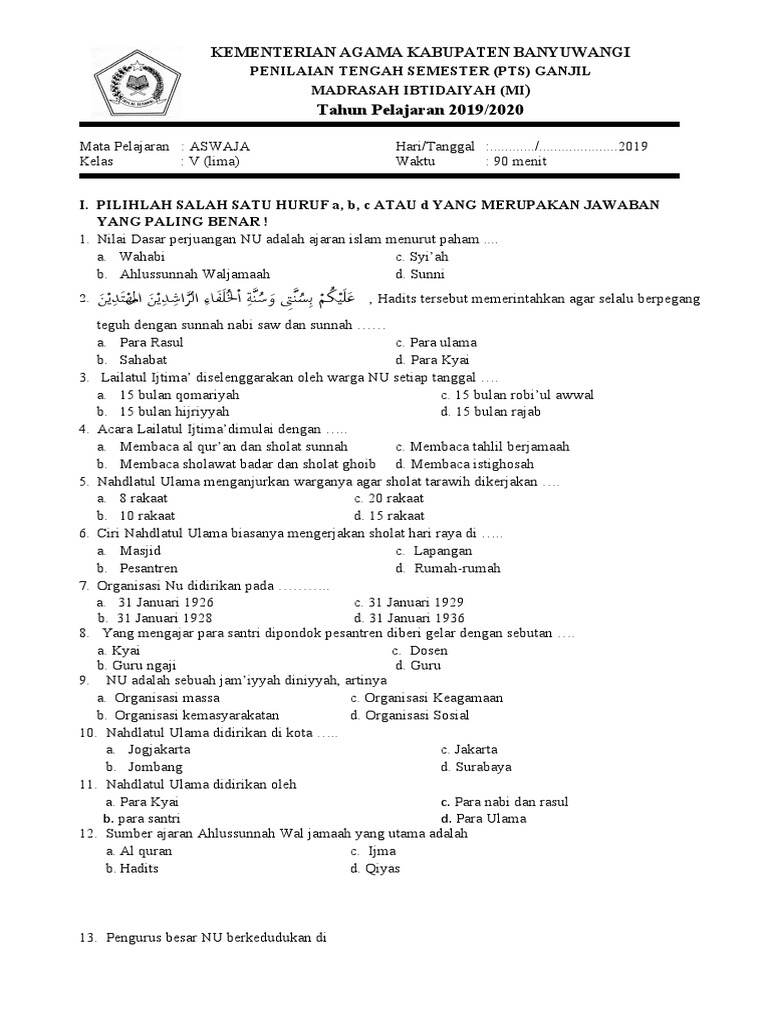 Soal Aswaja 5 Uts SMT 1 | PDF