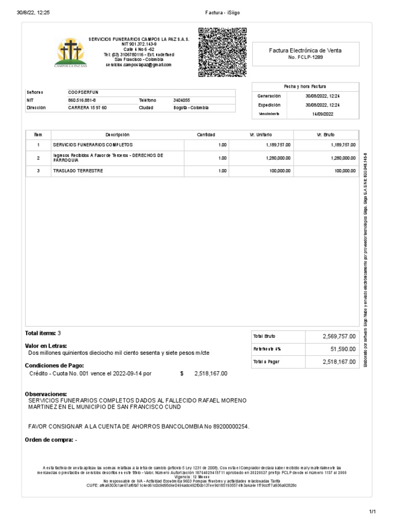 Factura por servicios funerarios completos y traslado terrestre | PDF ...