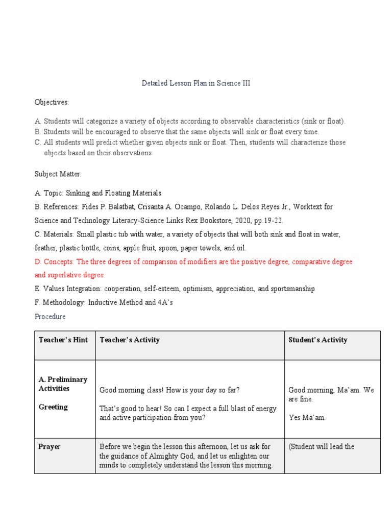 Detailed Lesson Plan in Science 3 - Sink and Float | PDF