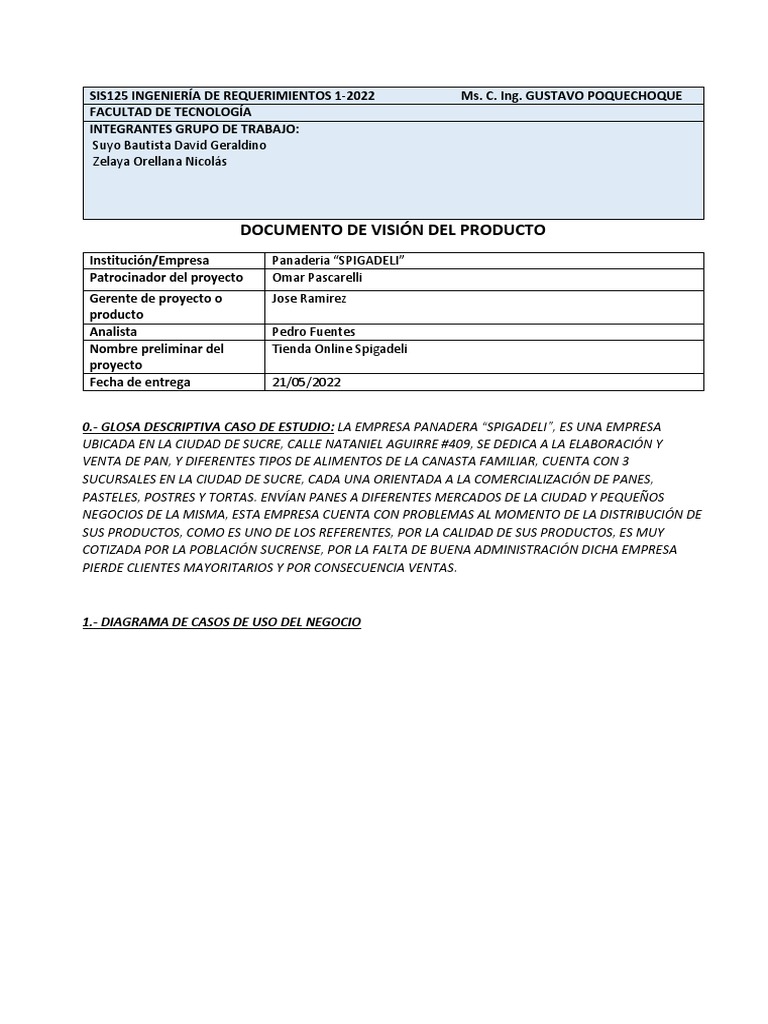 Documento de Visión Del Producto Grupo15 | PDF | Business | Panes