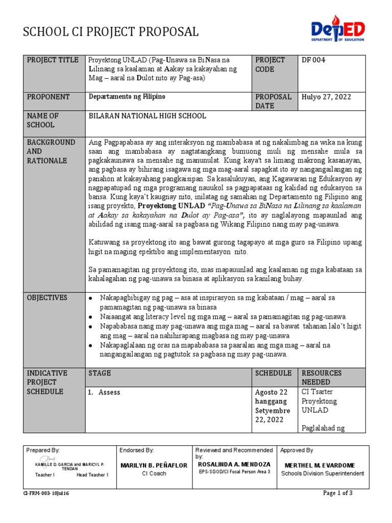School CI Project Proposal PROYEKTONG UNLAD KDG | PDF
