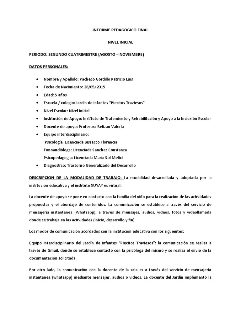 Informe Final Nivel Incial | PDF | Educación de la primera infancia | Las emociones