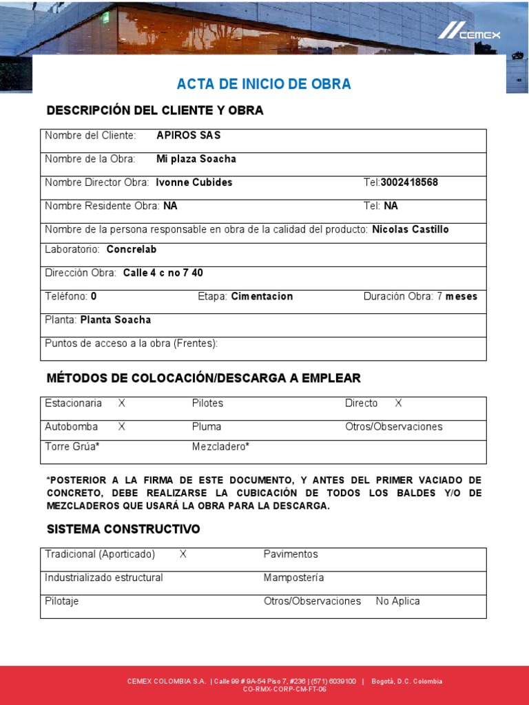 Acta de Inicio de Obra-Concreto-Mi Plaza Soacha | PDF | Hormigón
