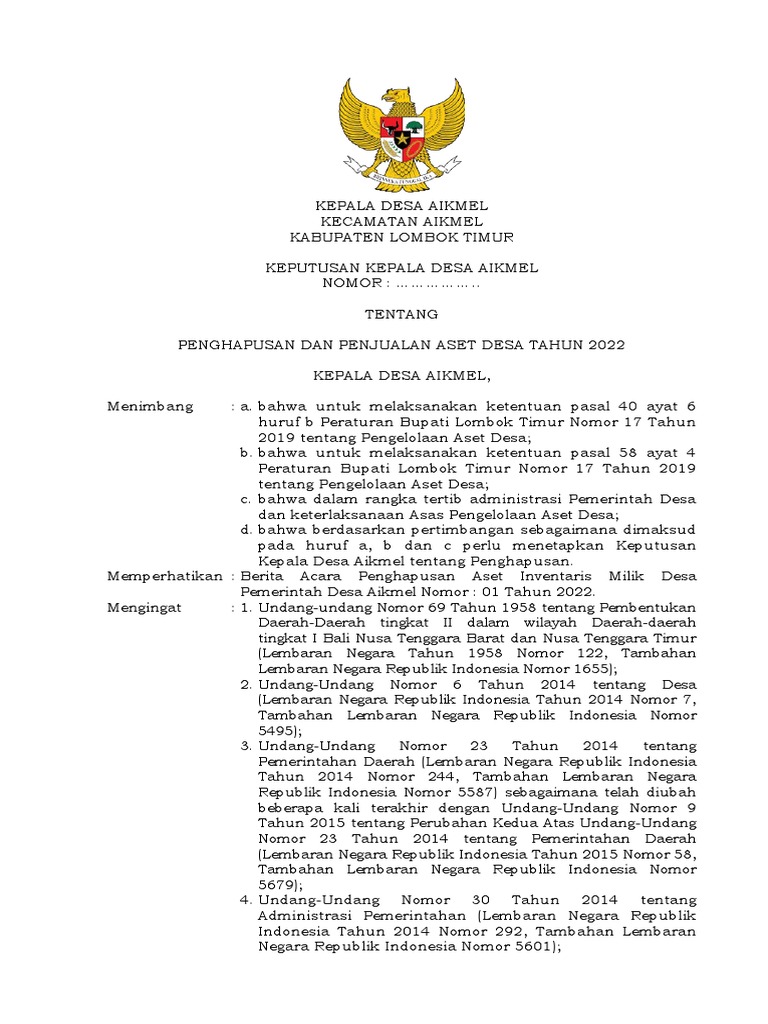 SK Penghapusan Dan Penjualan Aset Desa | PDF