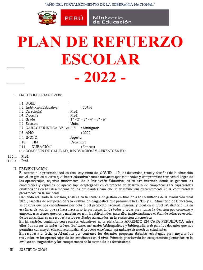 Plan de Refuerzo I | PDF | Evaluación | Educación primaria