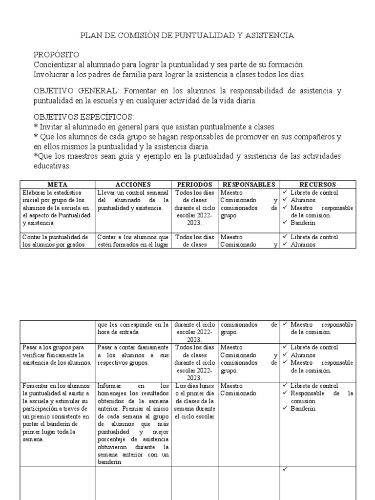 Plan de Comisión de Puntualidad y Asistencia | PDF