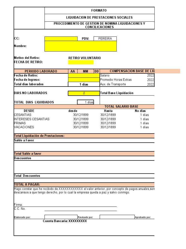 Formato de Liquidacion Prestaciones Sociales | PDF | Liquidación | Salario