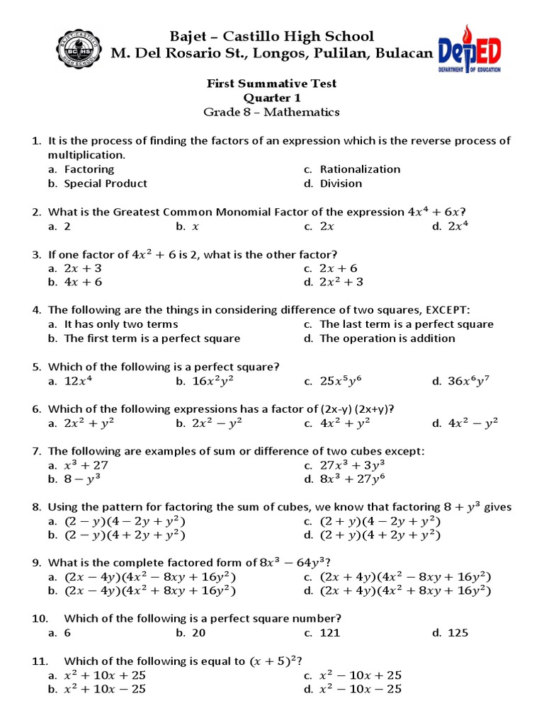 Summative Test No. 1 | PDF | Factorization | Summation