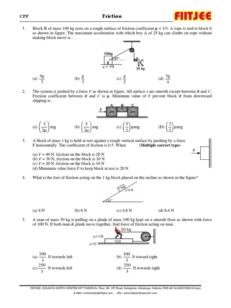 Friction Fiitjee DPP | PDF | Friction | Force