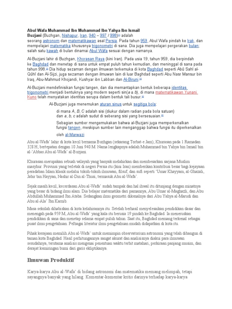 Abul Wafa Muhammad Ibn Muhammad Ibn Yahya Ibn Ismail Buzjani | PDF