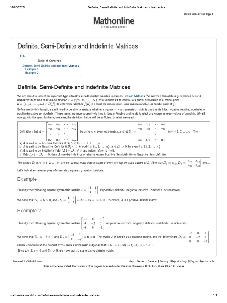 Definite, Semi-Definite and Indefinite Matrices - Mathonline | PDF | Matrix (Mathematics ...