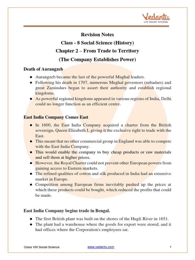 CBSE Class 8 History Chapter 2 Notes - From Trade To Territory | PDF ...
