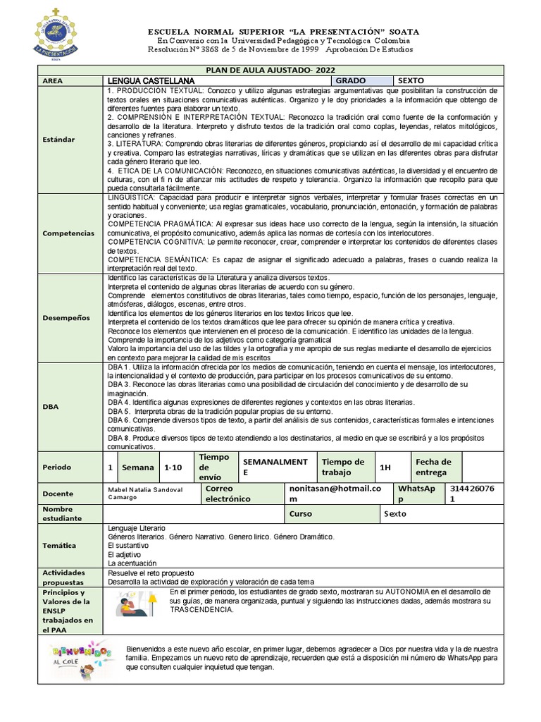 Plan de Aula Ajustado-Sexto - Primer Periodo | PDF | Poesía | Narración
