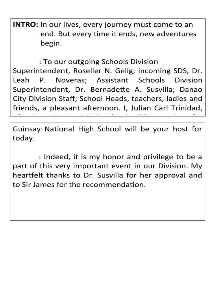 Script Sa Welcoming Sa Superintendent | PDF | Foreign Language Studies ...
