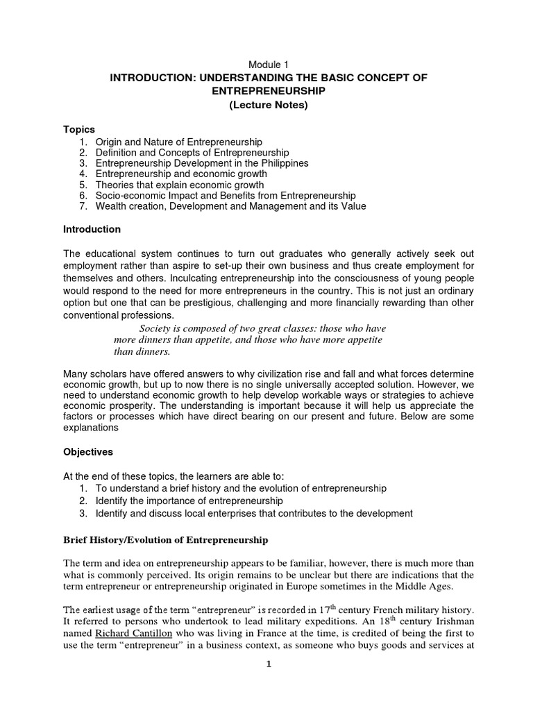 Module 1-pdf Handout 1-Introduction-Basic Concepts of Entrepreneurship | PDF | Entrepreneurship ...