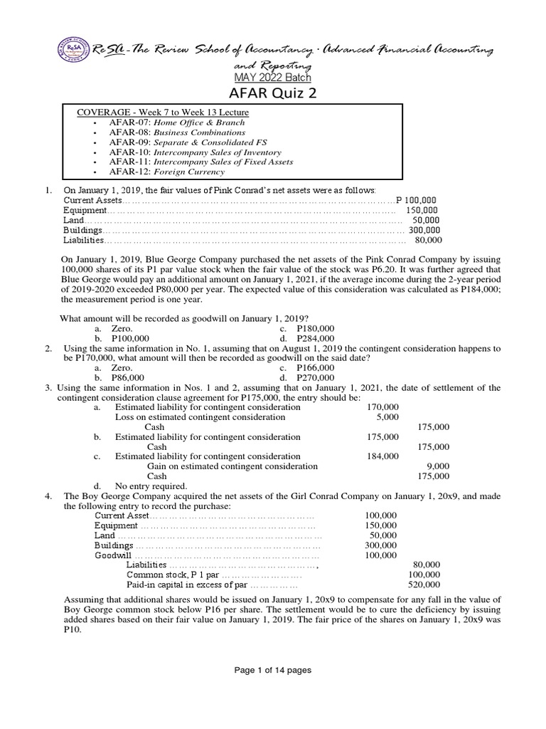 Resa Afar 2205 Quiz 2 | PDF | Goodwill (Accounting) | Depreciation