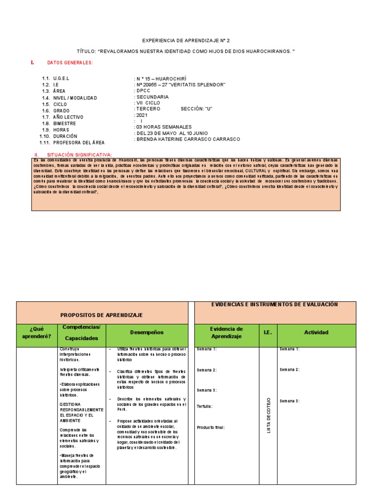 Experiencia de Aprendizaje DPCC | PDF | Aprendizaje | Evaluación