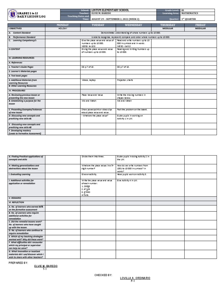 DLL 2022-2023 - Mathematics 3 - Q1 - W2 | PDF | Learning | Teachers