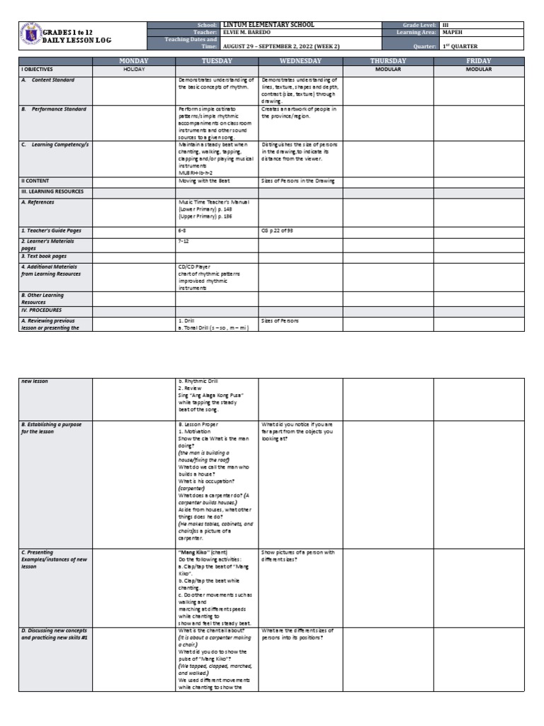DLL 2022-2023 - Mapeh 3 - Q1 - W2 | PDF | Learning | Teachers