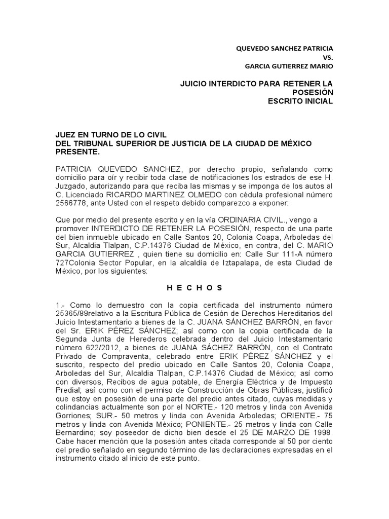 Demanda de Interdicto para Retener La Posesión | PDF | México | Justicia