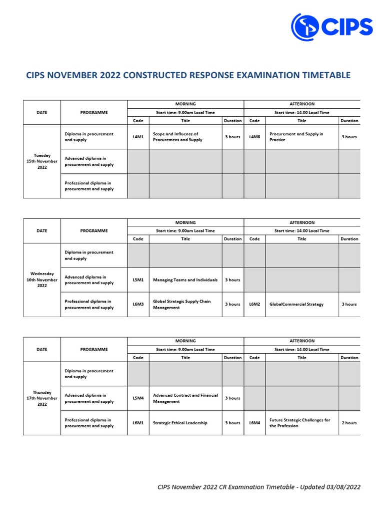 CIPS CR Timetable NOV 22 | Download Free PDF | Procurement | Business