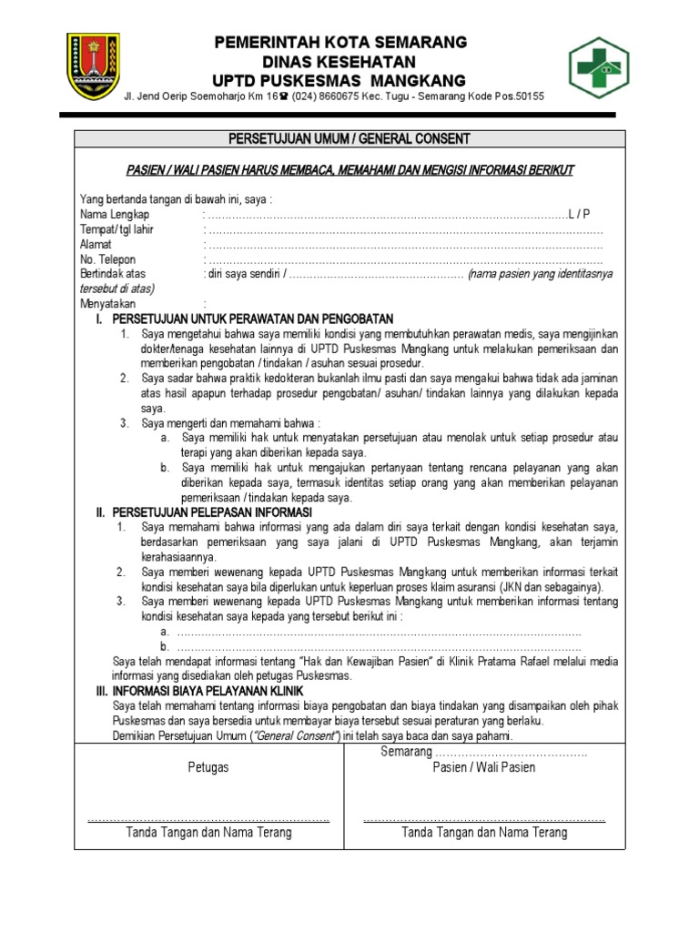 Persetujuan Umum Pasien Puskesmas Mangkang | PDF