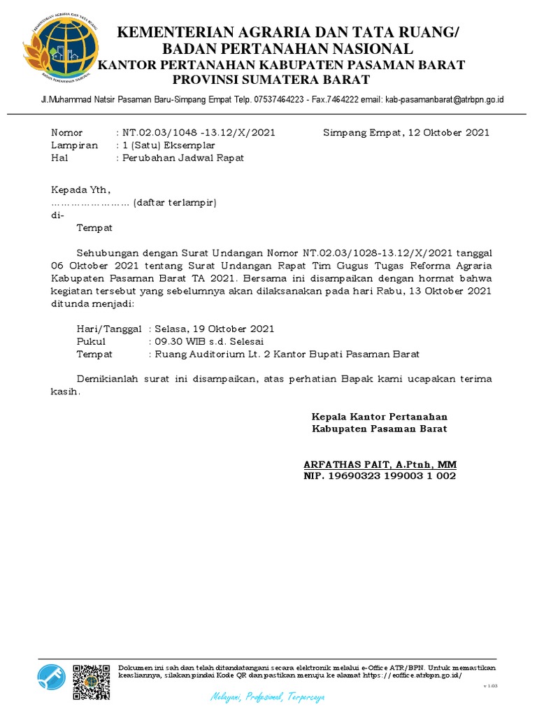 Surat Perubahan Jadwal Rapat Tim GTRA | PDF