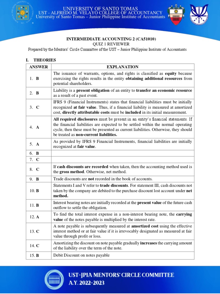 (Ust-Jpia) Quiz 1 Intermediate Accounting 2 Solution Manual | PDF | Fair Value | Book Value