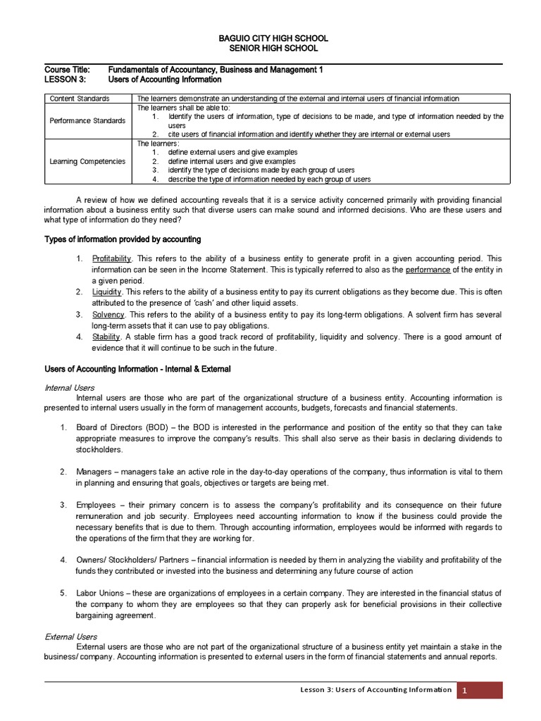 FABM 1 Lesson-3-Users-of-Accounting-Information | PDF | Business ...