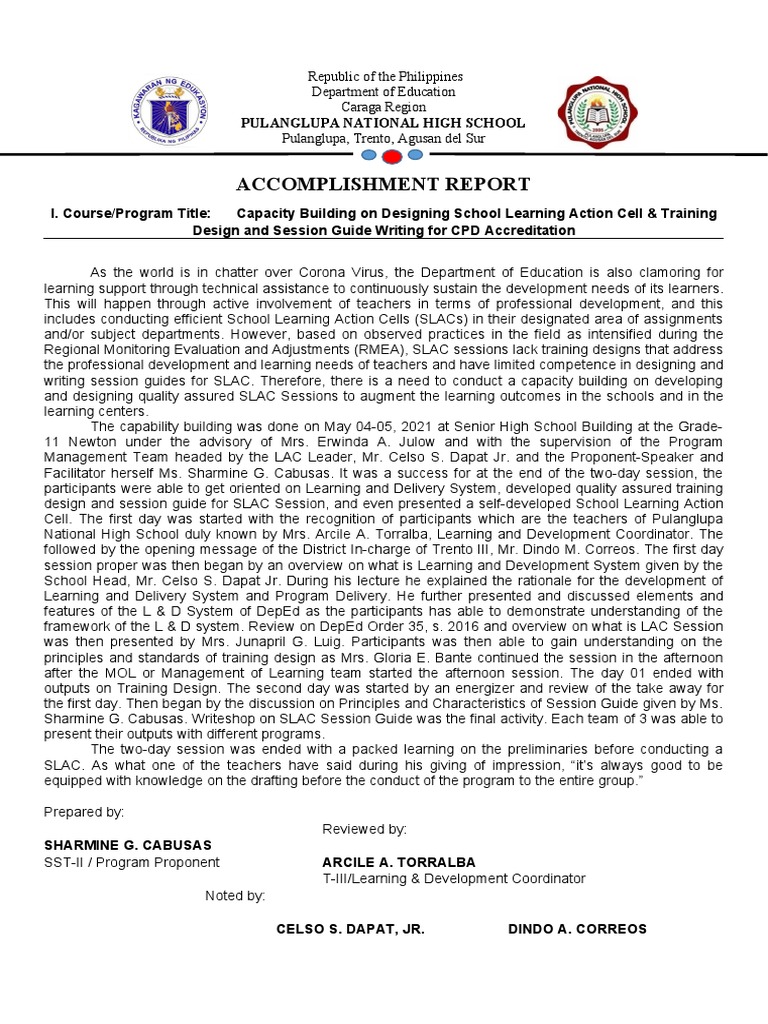 Accomplishment Report - Session Guide Writing | PDF | Education Theory ...