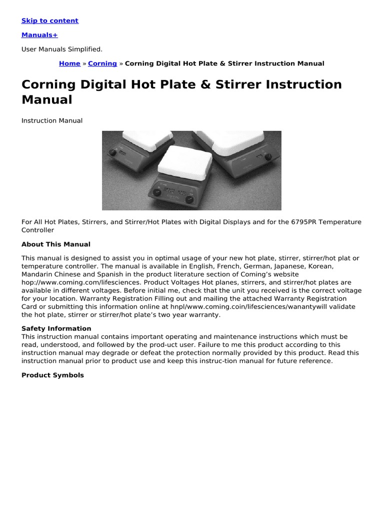 Corning Digital Hot Plate Stirrer Instruction Manual | PDF | Electrical Engineering