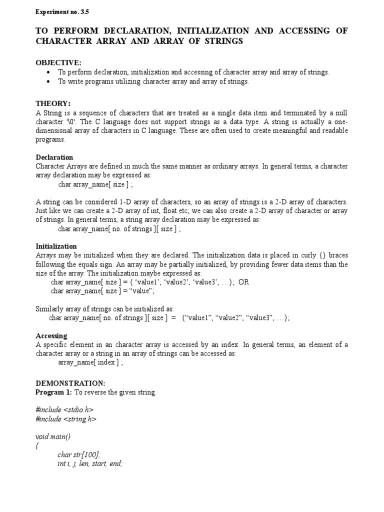To Perform Declaration Initialization And Accessing Of Character Array And Array Of Strings In 0176