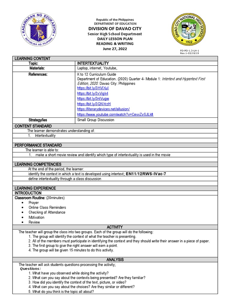 DLP Intertextuality | PDF | Intertextuality | Learning